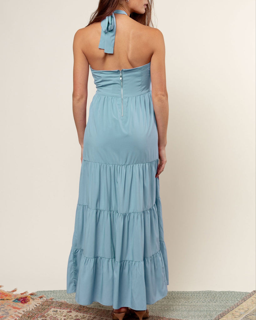 Halter Front Slit Tiered Maxi Dress - Milky Blue – She She Boutique