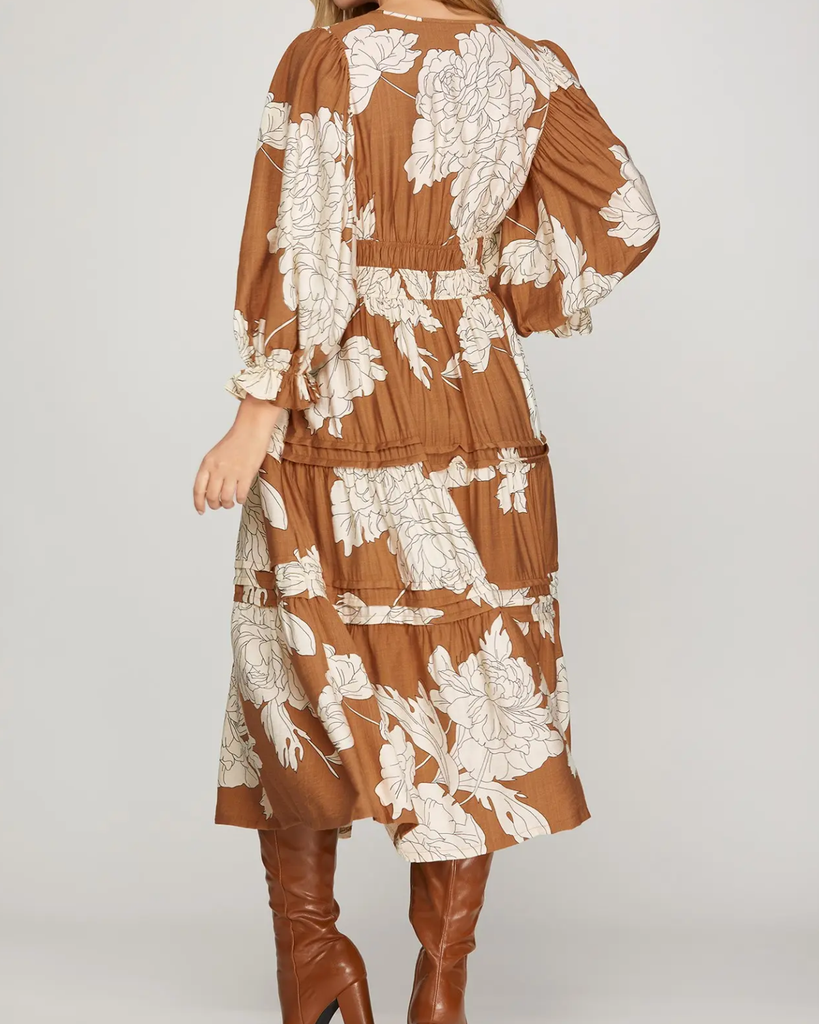 3/4 Sleeve Floral Midi Dress - Caramel - FINAL SALE – She She Boutique